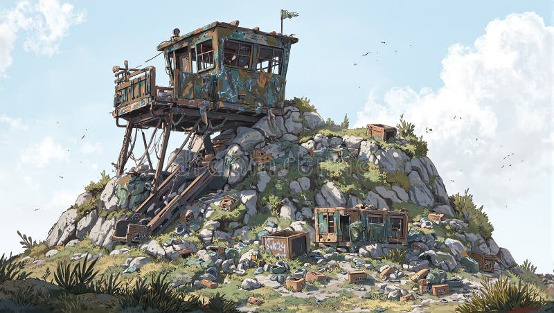 Desolate Military Outpost with Damaged Watchtower on Rocky Hilltop ...