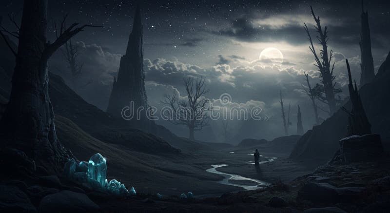 Desolate Night Landscape Featuring a Winding River Under a Starry Sky ...
