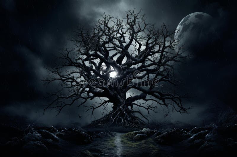 Desolate Night Scene with Moonlit Tree Stock Illustration ...