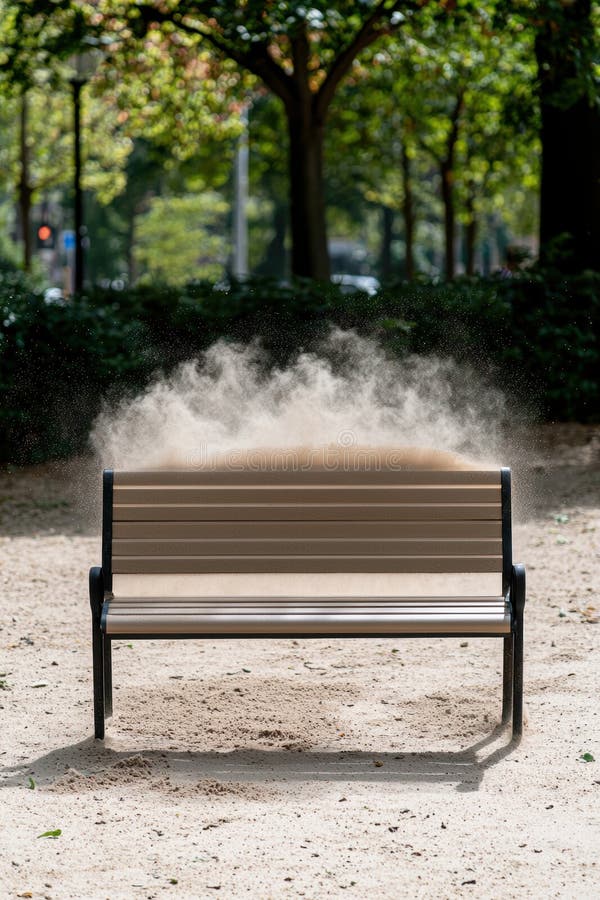 Desolate Park Bench Covered in Dust, Surrounded by Trees and Greenery ...