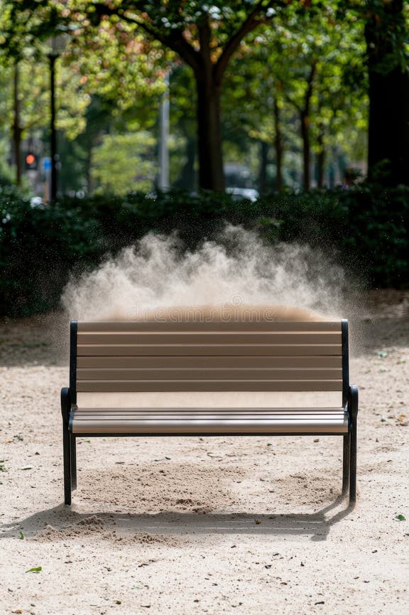 Desolate Park Bench Covered in Dust, Surrounded by Trees and Greenery ...