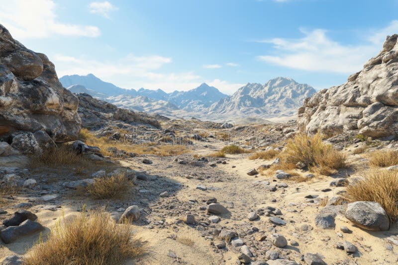 A Desolate Path through Rocky Mountains Under a Clear Sky Stock ...