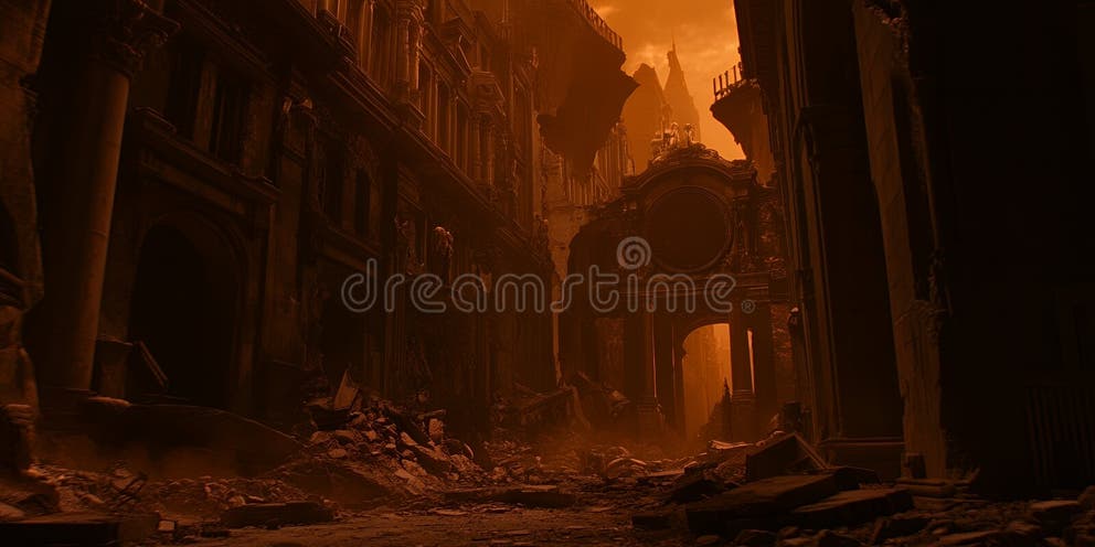 Desolate Post Apocalyptic Cityscape Ruins Destruction and Orange Dust ...