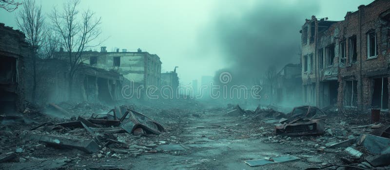 Desolate Post-apocalyptic Ruins with Rubble, Debris, Smoke, and Dust ...