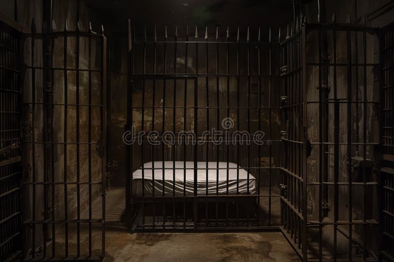 A Desolate Prison Cell with Iron Bars and Dim Lighting, Devoid of Any ...