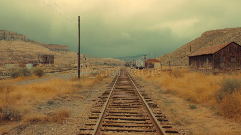 Desolate Railroad Tracks Winding through an Abandoned Desert Town Stock Illustration ...