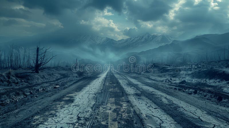 Desolate Road through a Burnt Landscape Under a Dramatic Sky at Dusk ...