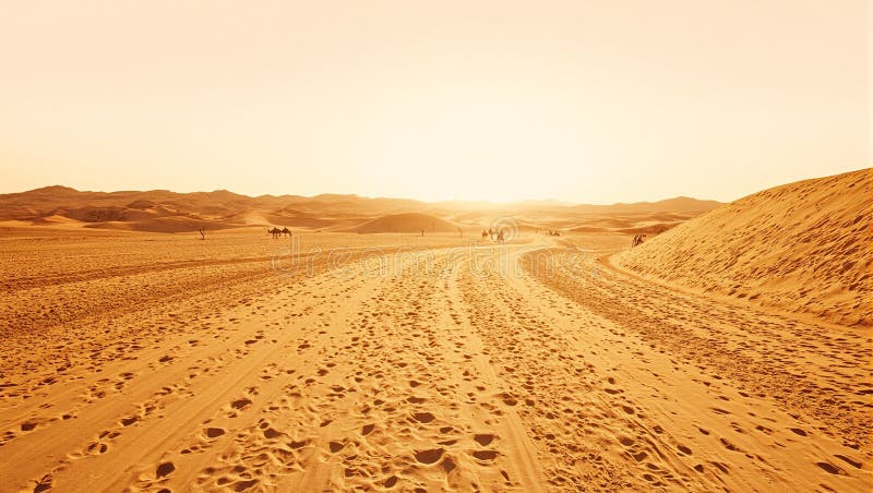 Desolate Road in Sahara Desert Camel Tracks Golden Dunes Harsh Sun ...