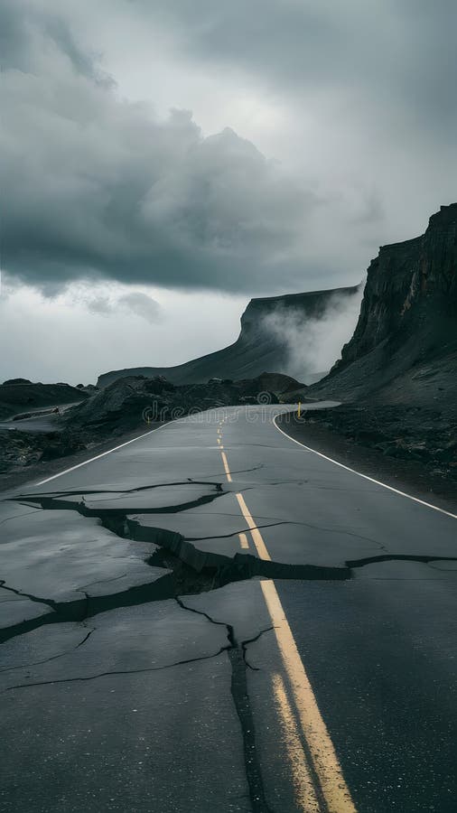 Desolate Road Winds through Cracked Terrain with Stormy Clouds and ...