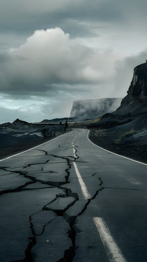 Desolate Road Winds through Cracked Terrain with Stormy Clouds and ...