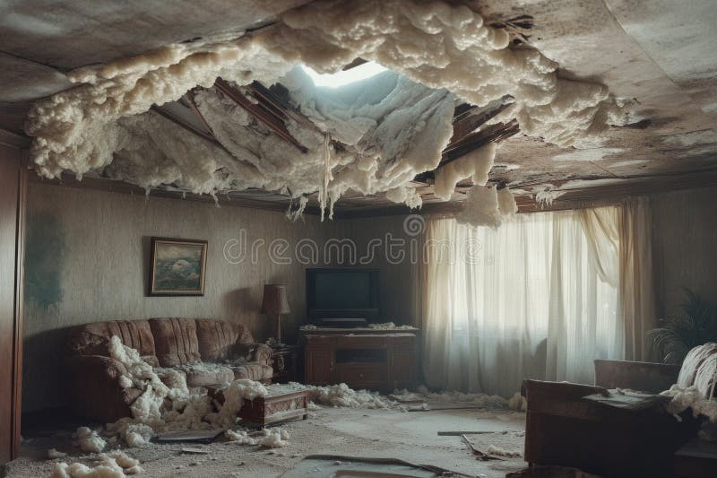 A Desolate Room with Damaged Walls and a Fallen Ceiling. the Sofa is ...