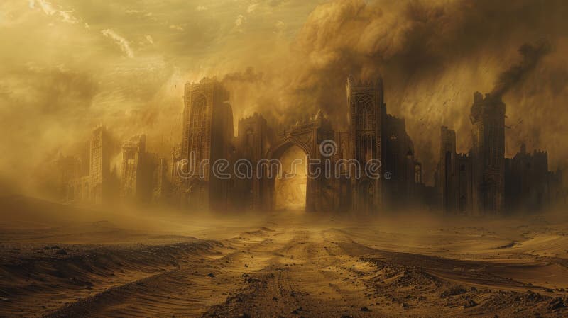 Desolate Ruins of an Ancient City Under a Dust Storm at Sunset Stock ...