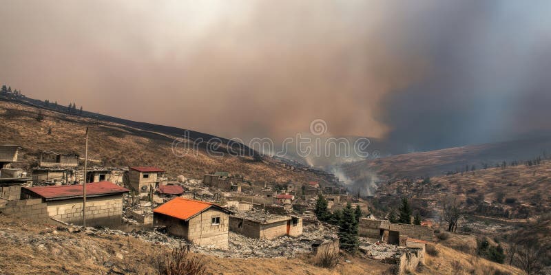 Desolate Rural Village with Smoke Clouds and Destruction after a ...