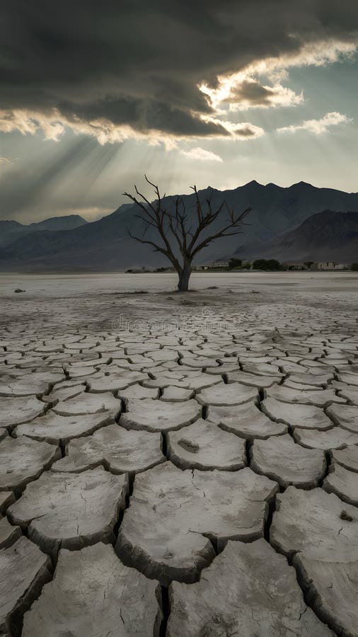 Desolate Scene with Cracked Earth, Lone Tree, Mountains, Buildings ...