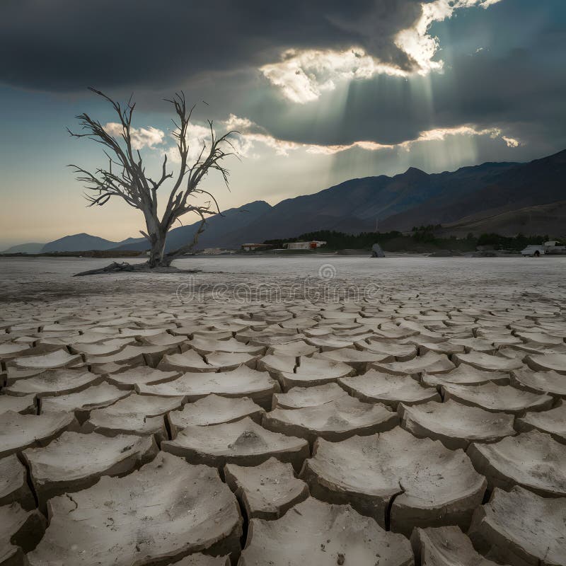 Desolate Scene with Cracked Earth, Lone Tree, Mountains, Buildings ...