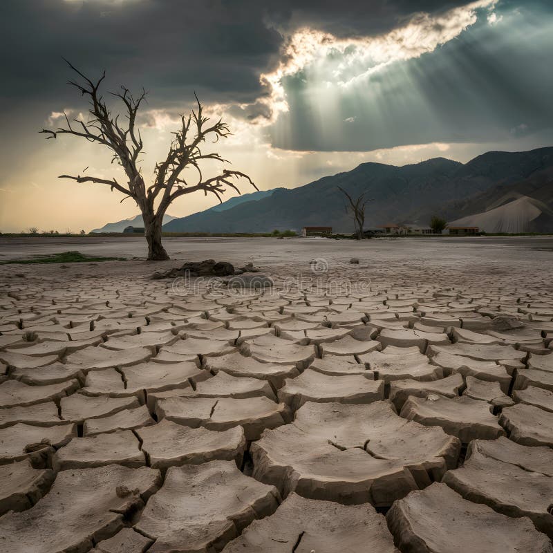 Desolate Scene with Cracked Earth, Lone Tree, Mountains, Buildings ...