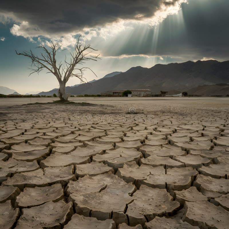 Desolate Scene with Cracked Earth, Lone Tree, Mountains, Buildings ...