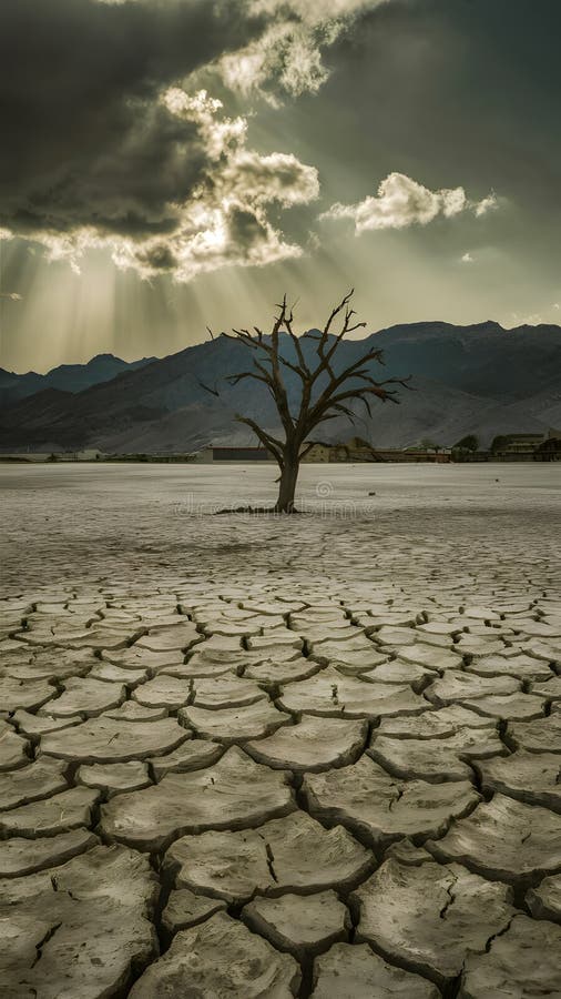 Desolate Scene with Cracked Earth, Lone Tree, Mountains, Buildings ...
