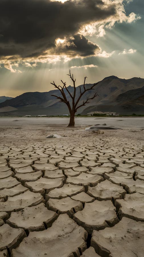Desolate Scene with Cracked Earth, Lone Tree, Mountains, Buildings ...
