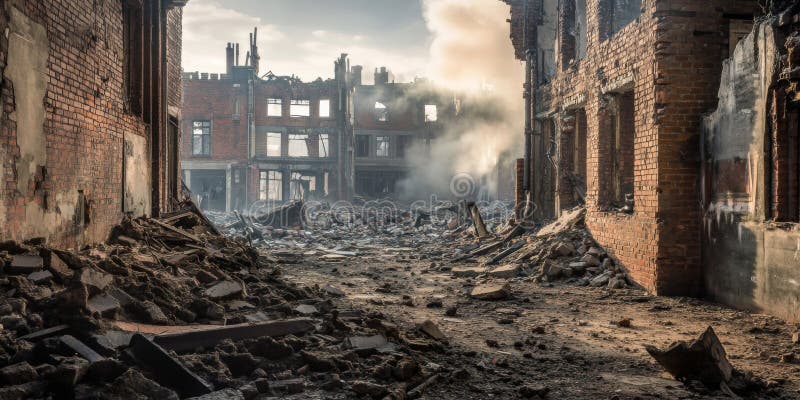 A Desolate Scene of Destruction Unfolds in this Image. Ruined Buildings ...