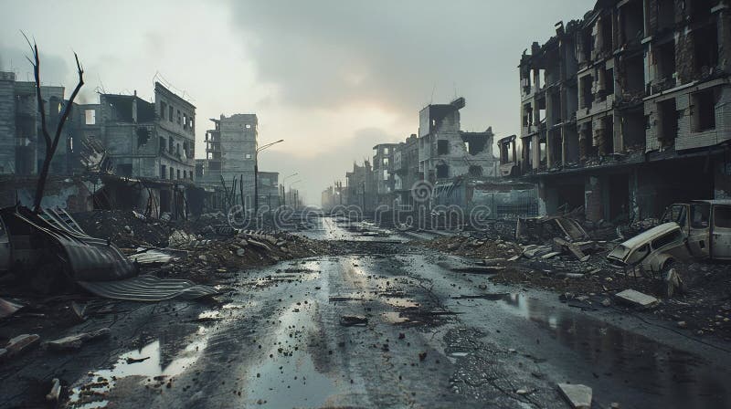 A Desolate Post-apocalyptic Cityscape, with Ruined Buildings and ...