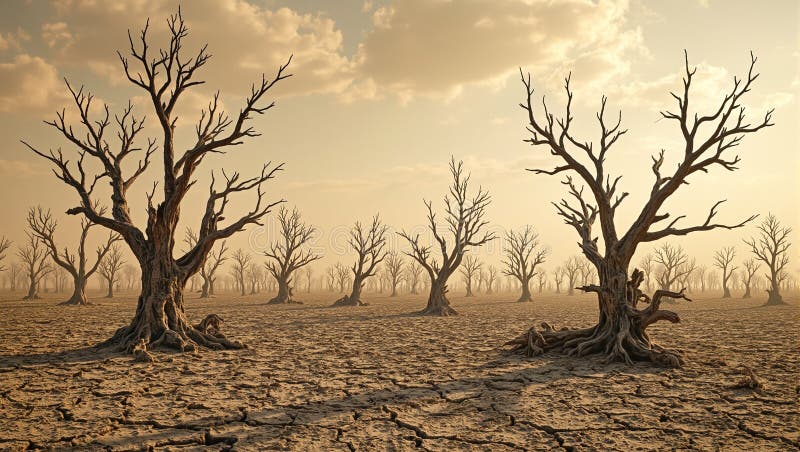 Desolate Scorched Earth with Twisted Trees Under a Dusty Sky Stock ...