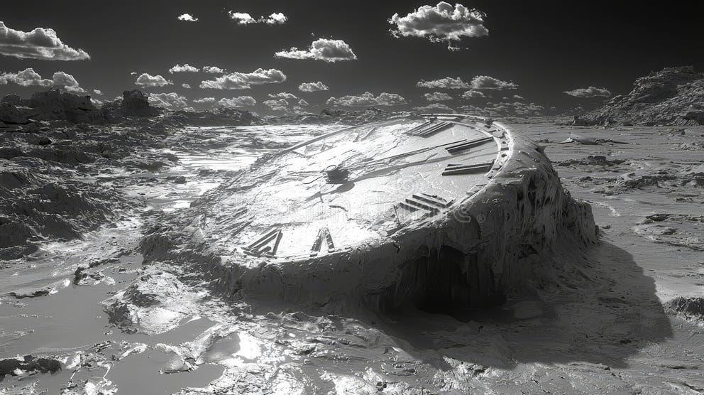 In a Desolate Setting, a Surreal Melting Clock on a Table Symbolizes ...