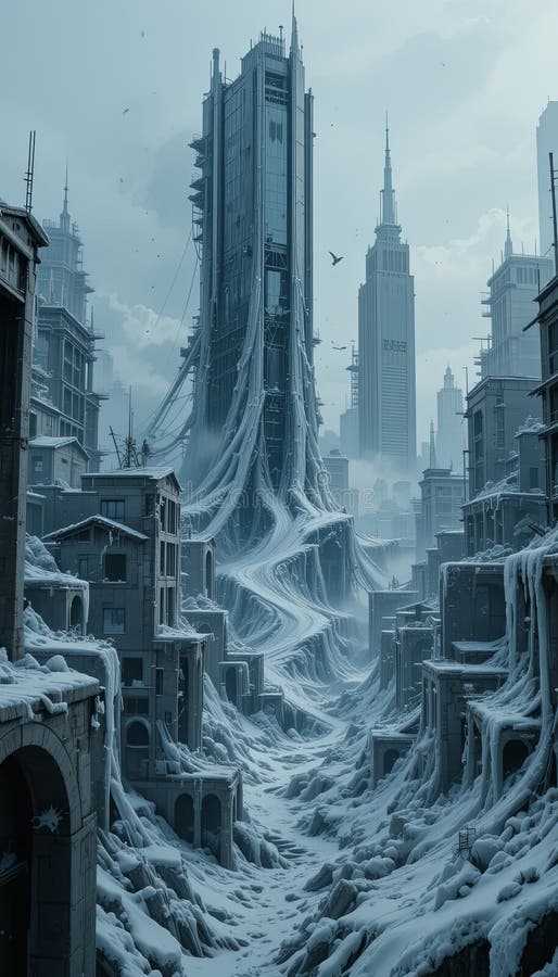 Post-Apocalyptic Frozen City Landscape with Icy Structures Stock Photo ...