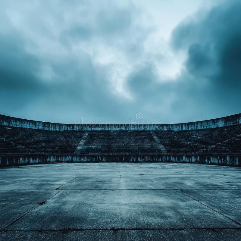Desolate Stadium Under Cloudy Sky Abandoned Arena Concrete Bleachers ...
