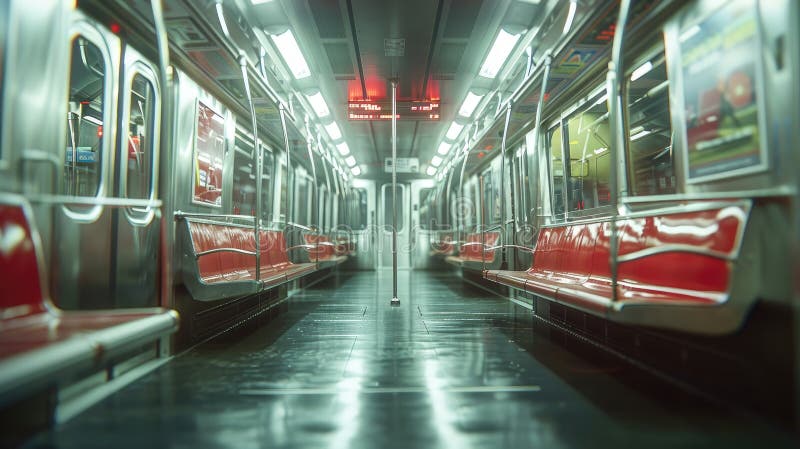 Desolate Subway Car with Red Seats and Vibrant Reflections on Floor ...