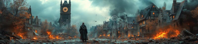 A Desolate Town Square after an Explosion with a Collapsed Clock Tower ...