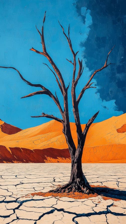 Desolate Tree in Cracked Desert Under Vivid Blue Sky, Vibrant Artwork ...