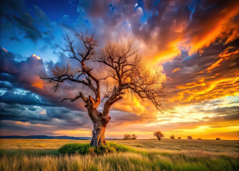 A Desolate TShaped Tree Silhouetted Against a Dramatic Sky a Withered ...