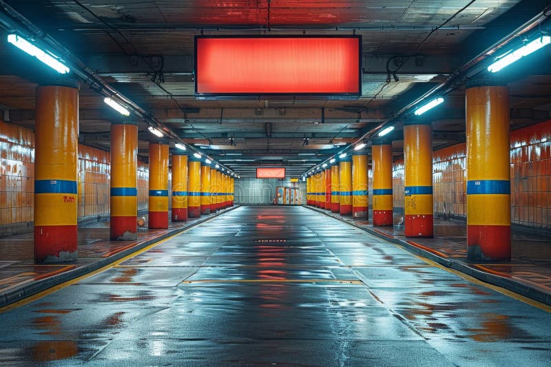 Desolate Underground Parking Garage with Blank Billboard Inside a ...