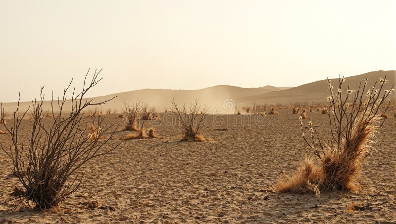 Desolate Valley with Cracked Ground Dead Plants and Swirling Dust Stock ...