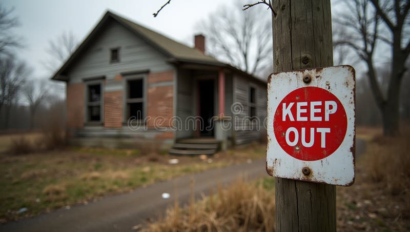 Desolate Warning Keep Out Sign at Abandoned Building Stock Illustration ...