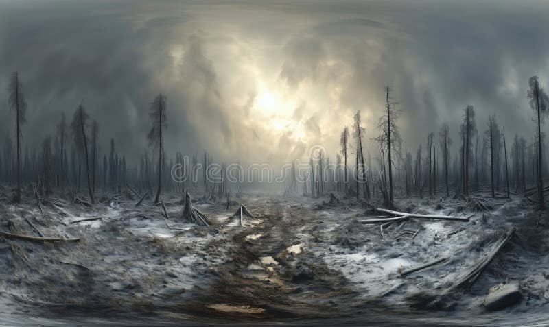 Desolate Winter Landscape with Barren Trees and Overcast Sky in Post ...