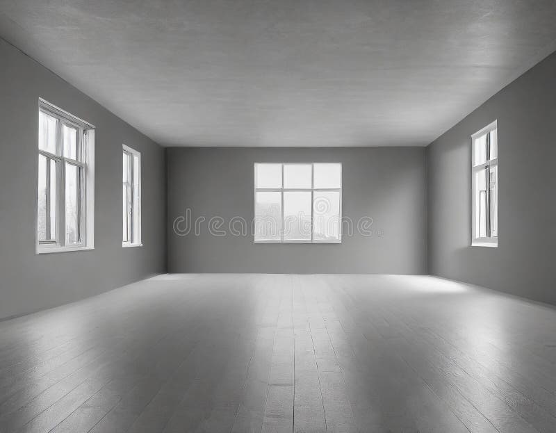 Desolating Empty Grey Room Interior with Windows and Grey Walls Stock ...