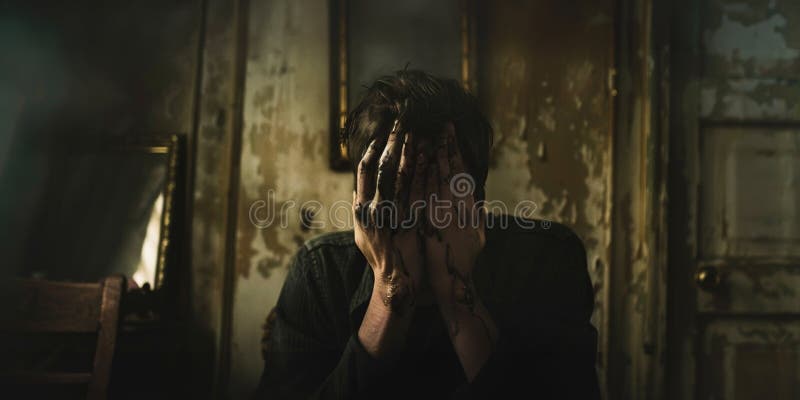 Desolation Captured in a Dim Room Hands Shield a Face from Unseen Woes ...