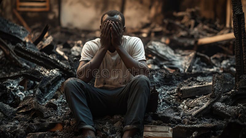 Desperate Man Crying after House Fire Disaster Covering Face Stock ...