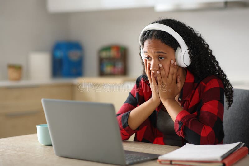 Desperate Black Student Checking Laptop in the Kitchen Stock Image ...