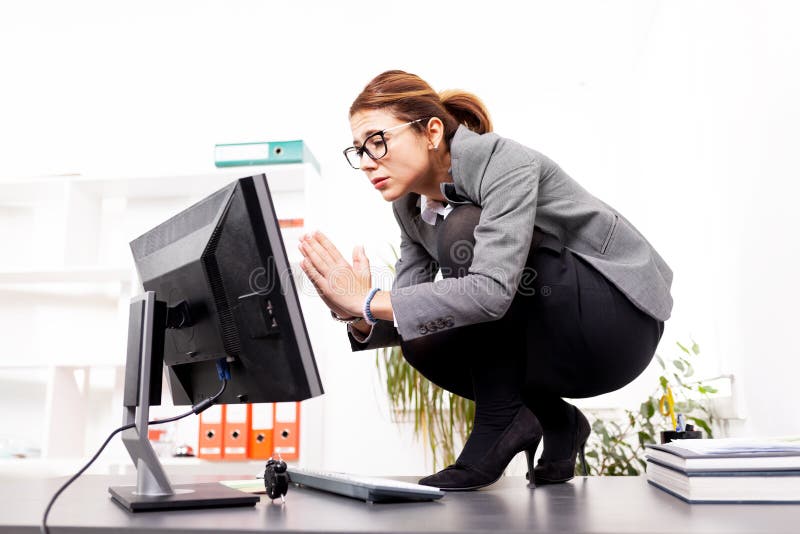 Business Woman Praying To Her Computer Stock Photo - Image of cheerful ...