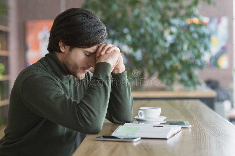 Desperate Businessman Having Hard Time, Working at Cafe Stock Image ...