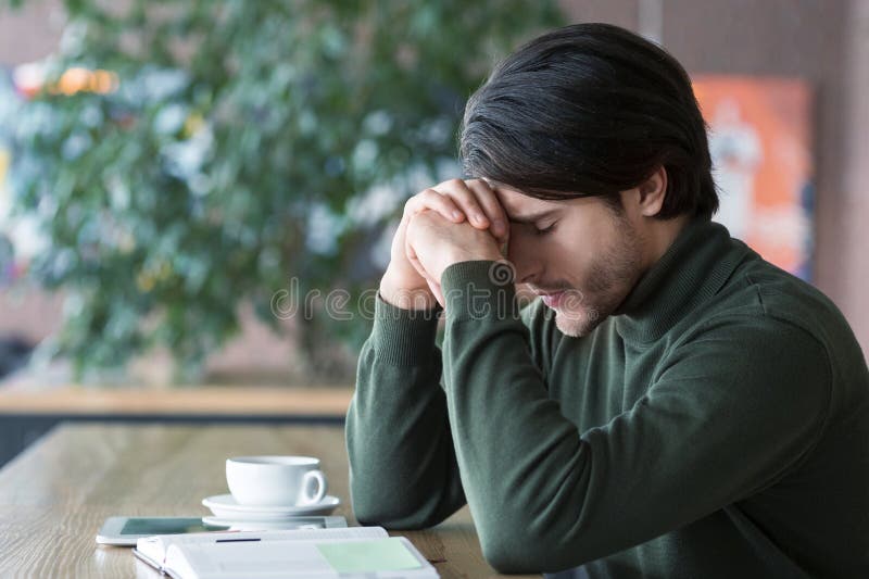 Desperate Businessman Having Hard Time, Working at Cafe Stock Image ...