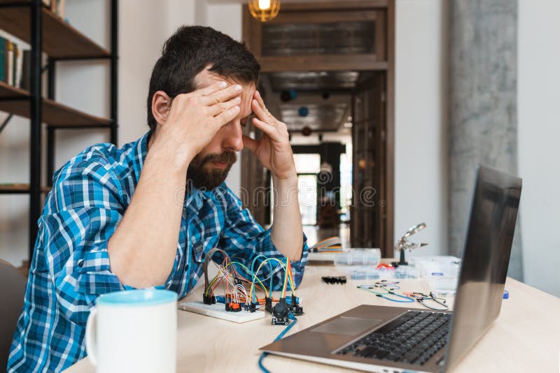 Desperate Stressed Out Engineer Sitting Laptop Stock Photo - Image of ...
