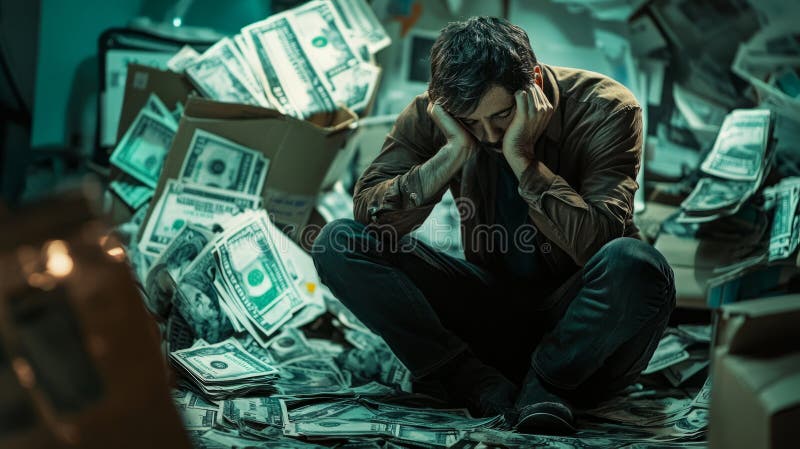 Desperate Man Surrounded by Money Stock Illustration - Illustration of ...