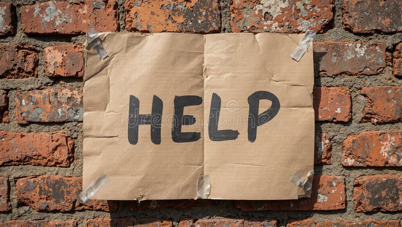 Desperate Plea for Help on Weathered Sign Against Brick Wall Stock ...