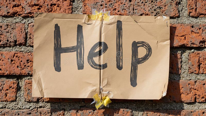 Desperate Plea for Help on Weathered Sign Against Brick Wall Stock ...