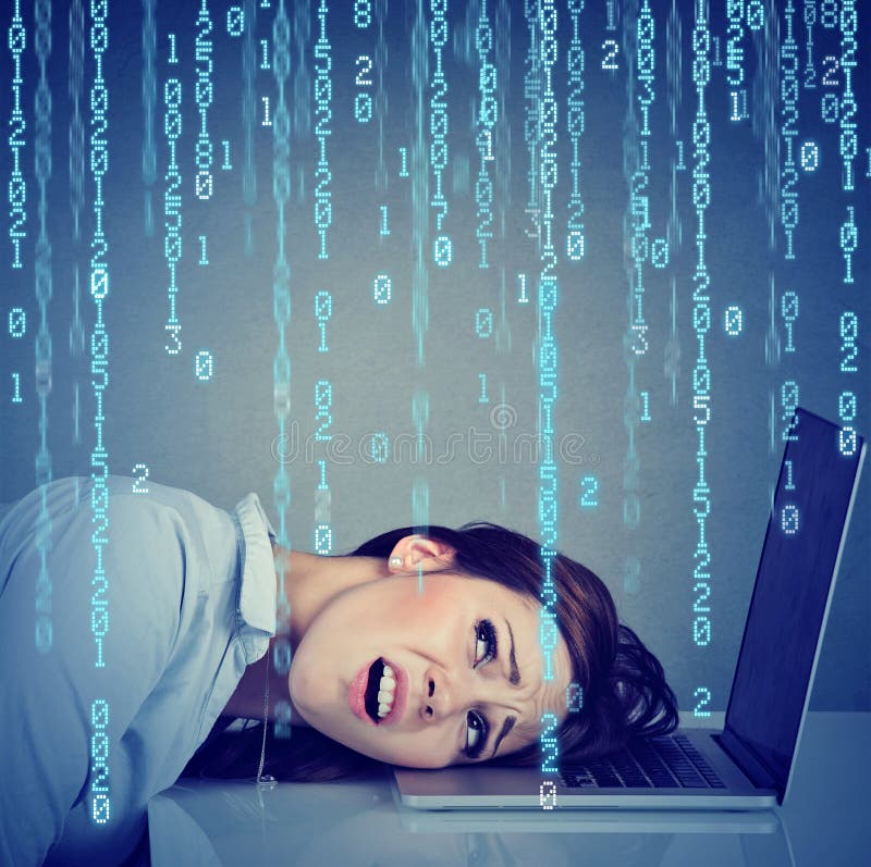 Desperate Stressed Woman Resting Head on Laptop with Binary Code ...