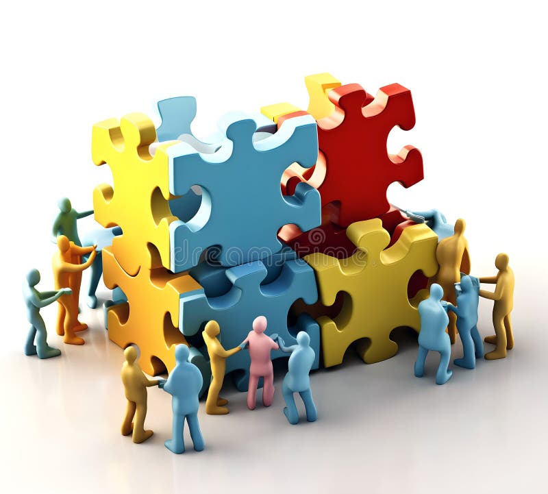 3D Different Color Small People. Teamwork Solving the Puzzle ...